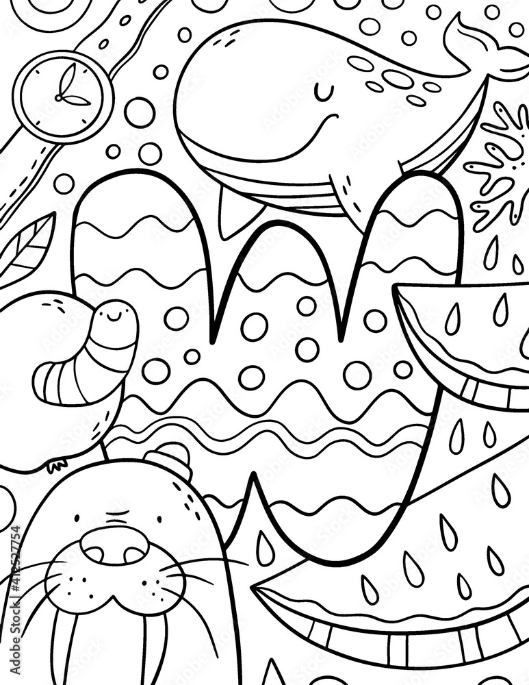 Coloring page Alphabet for kids with cute characters in doodle style ...
