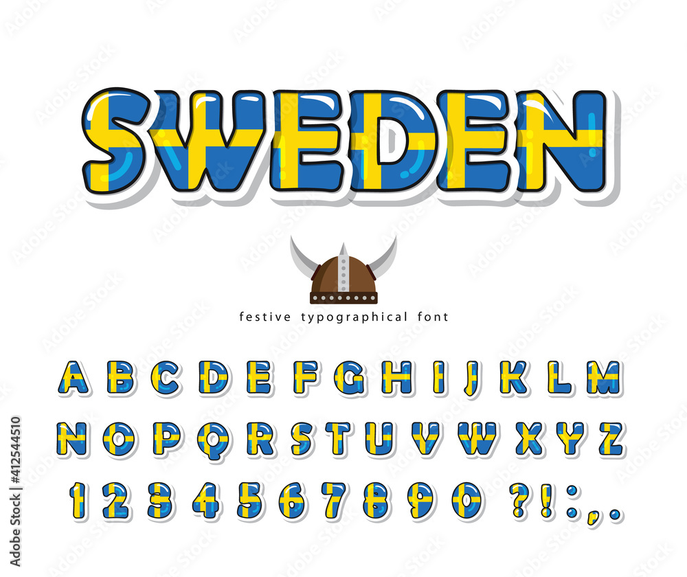 Sweden cartoon font. Swedish national flag colors. Scandinavian culture ...
