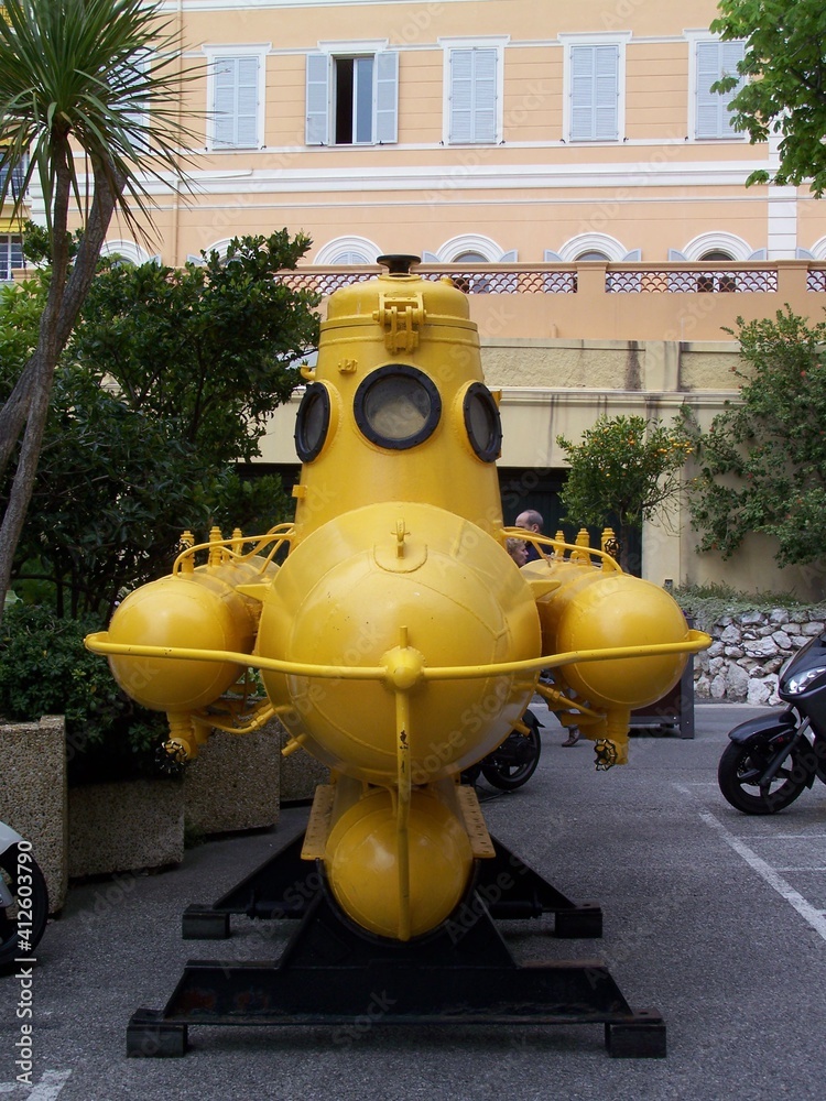 Little yellow submarine in front of the oceanographic museum of Monaco ...