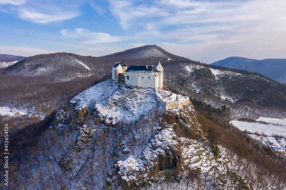 Füzér, Hungary - Aerial view of the famous castle of Fuzer built on a ...