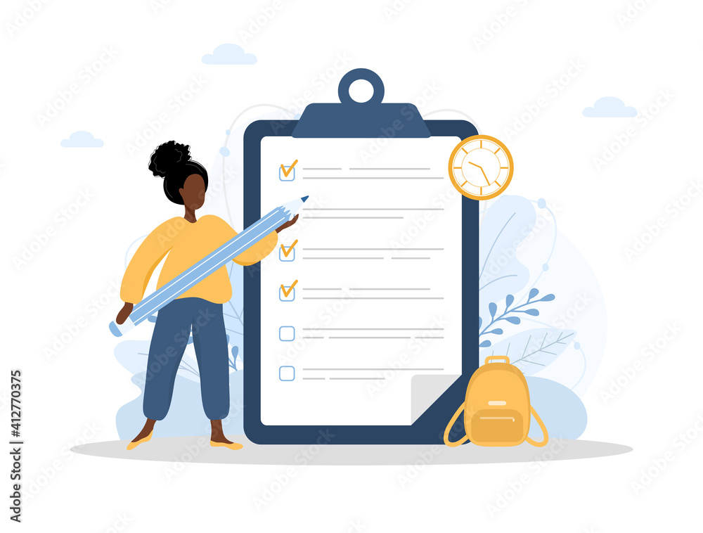Month planning or to do list concept. African woman with a giant pencil ...