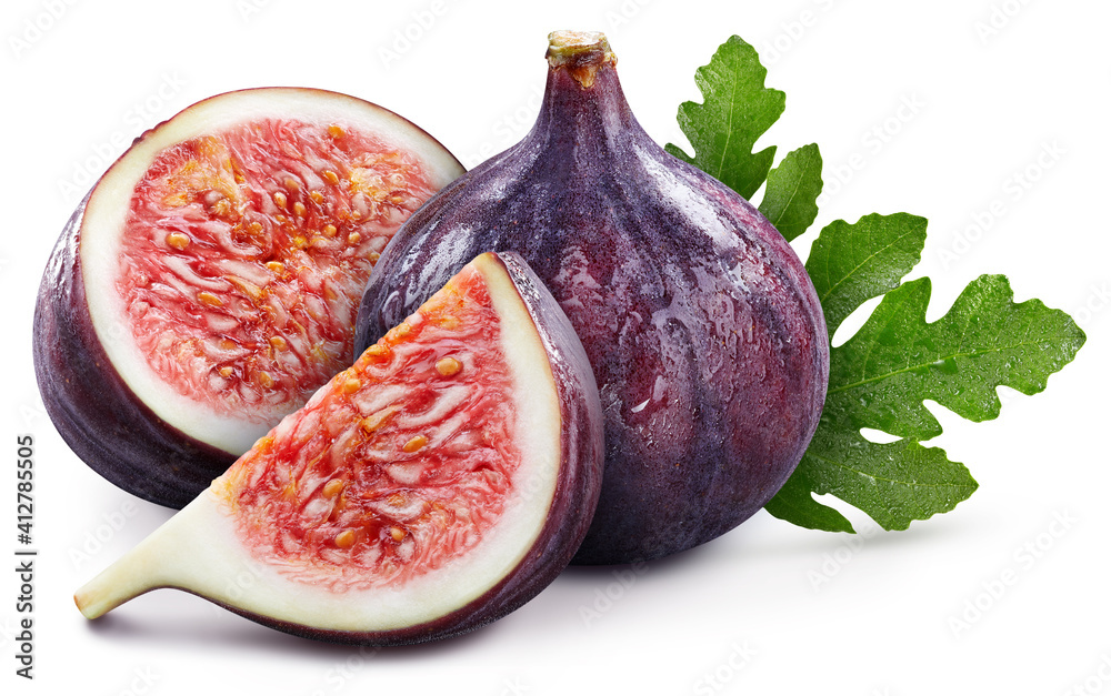 Isolated fig with leaf. Whole fig fruit and slice fig on white ...