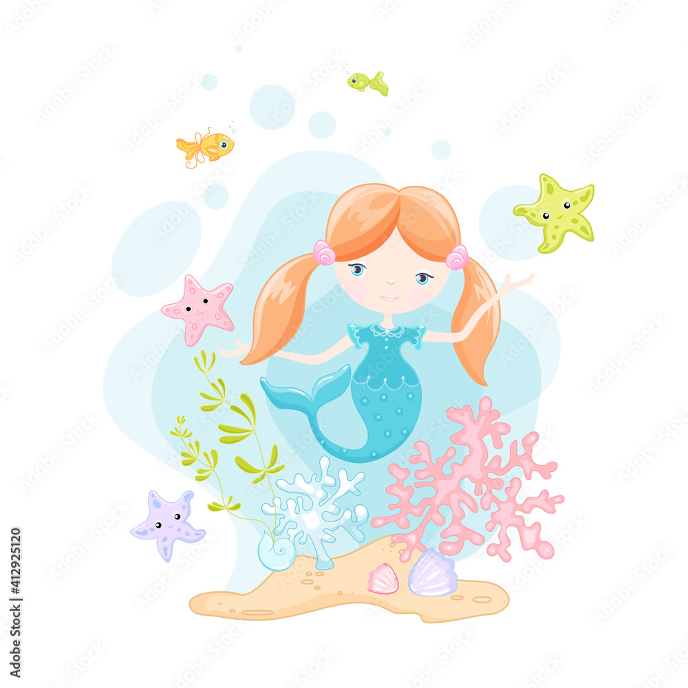 Cute little red hair mermaid and star fishes vector colorful clip art ...