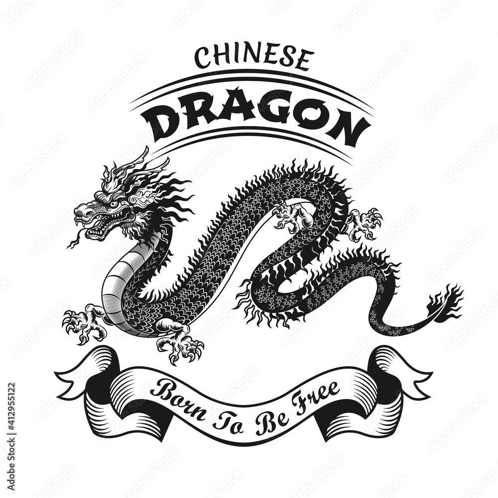 Dragon tattoo design. Monochrome element with mythical monster vector ...