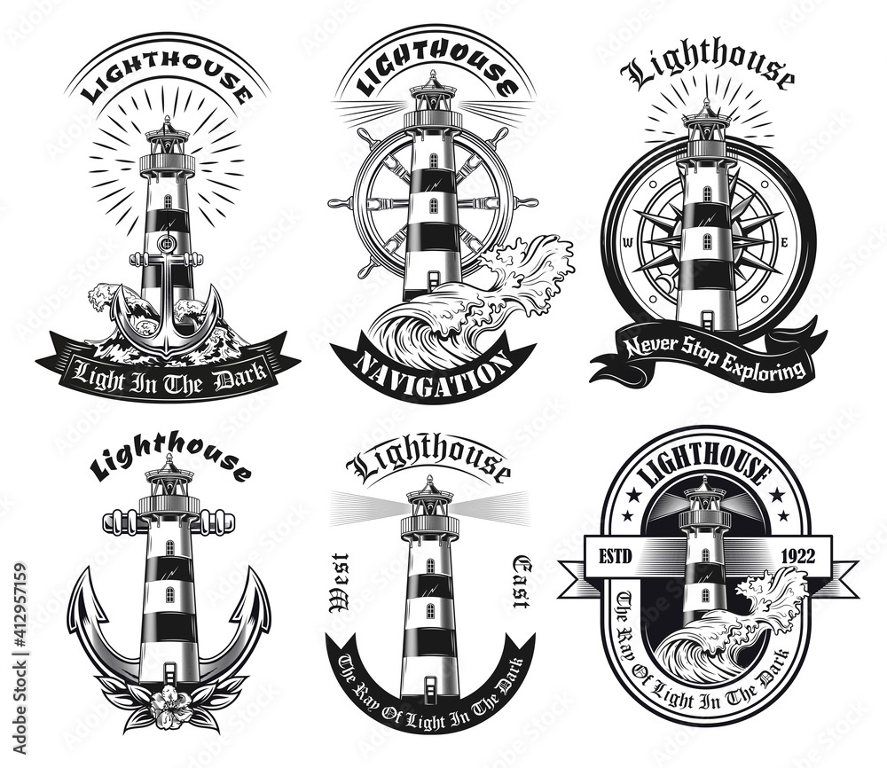 Monochrome emblems with lighthouse vector illustration set. Vintage ...