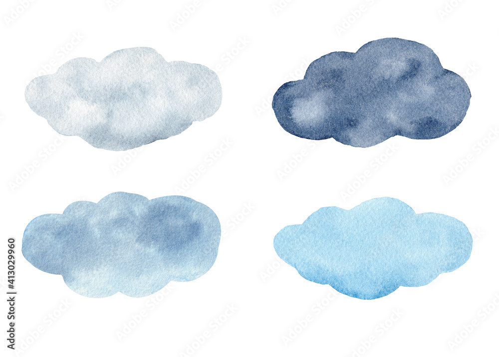 Hand painted watercolor cloud clipart set. Graphics for textile, fabric ...