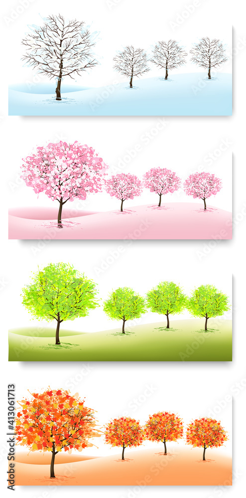 Four Nature Backgrounds with stylized trees representing different ...