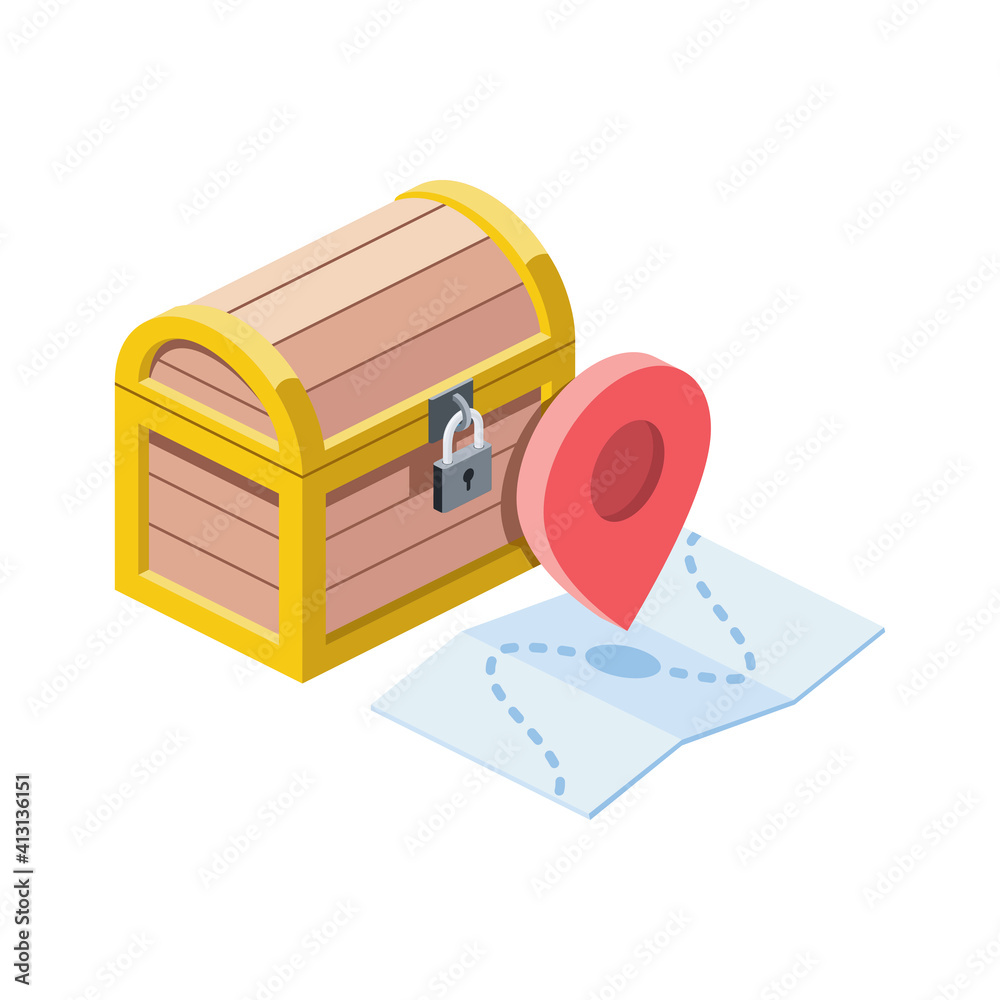 Chest map label. Vector 3d isometric, color web or print icons, new ...