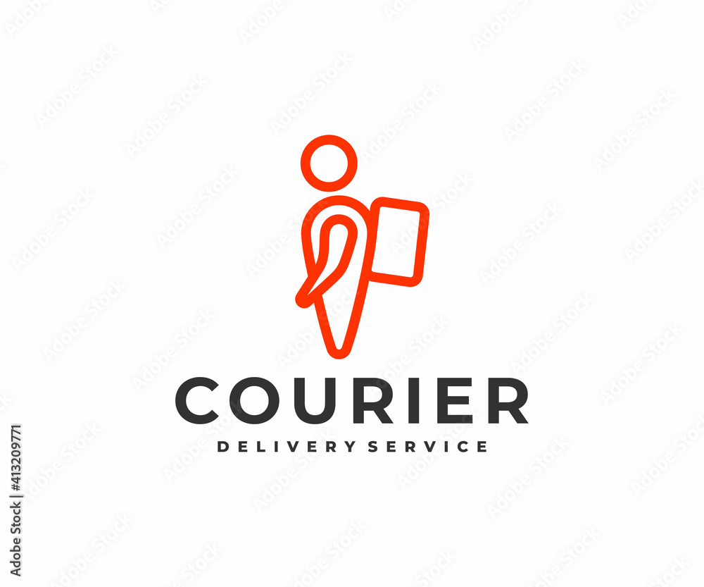 Delivery man courier with backpack logo design. Map point person ...