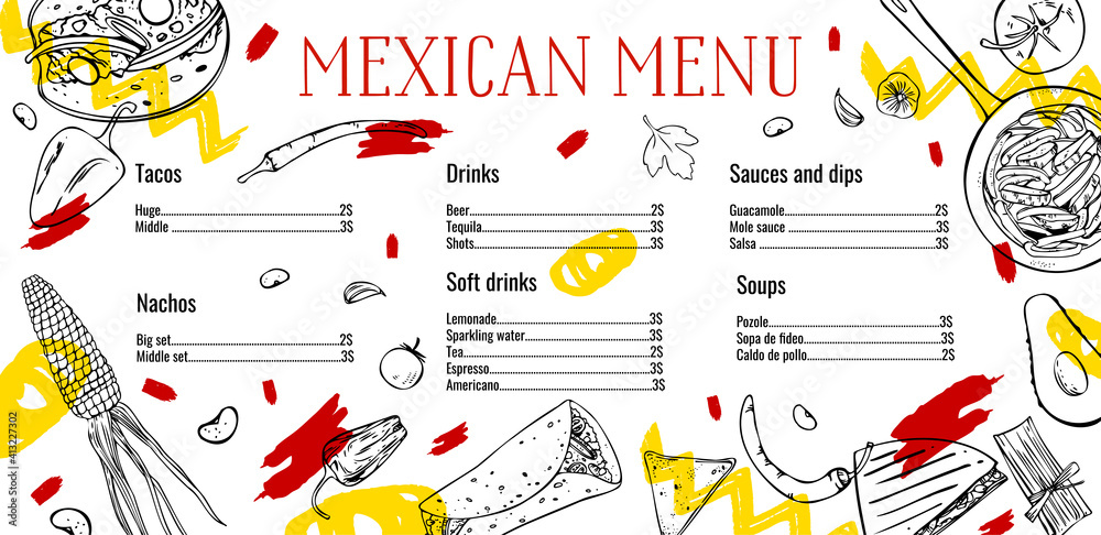 Mexican menu design template with list of dishes and drinks. Hand drawn ...