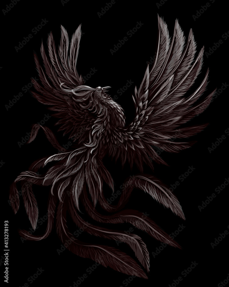 Phoenix. Black and white, graphic, digital drawing of the phoenix bird ...