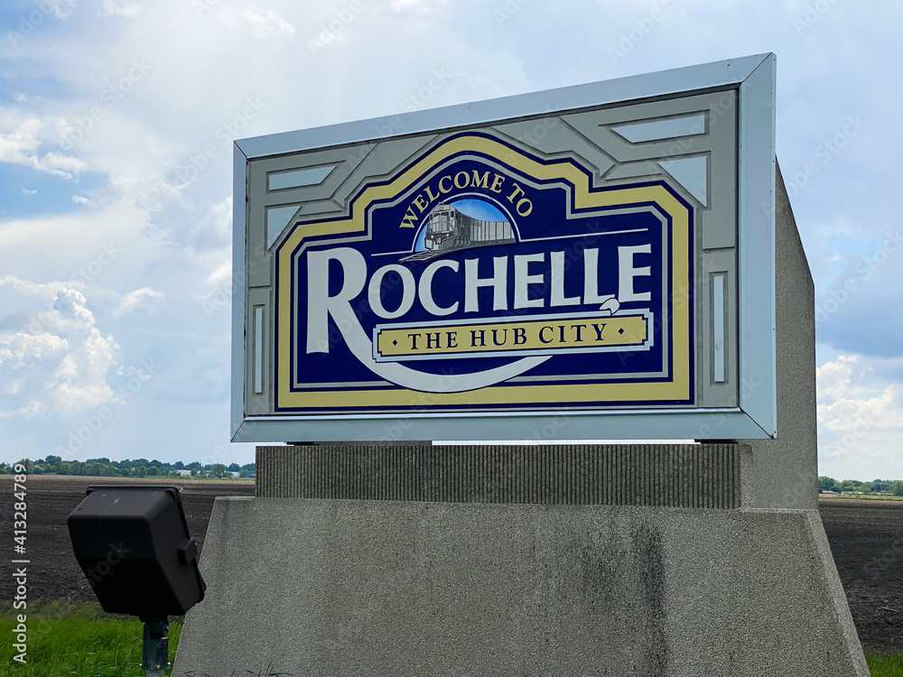 Sign with Welcome to Rochelle, Illinois "The Hub City" Stock Photo ...
