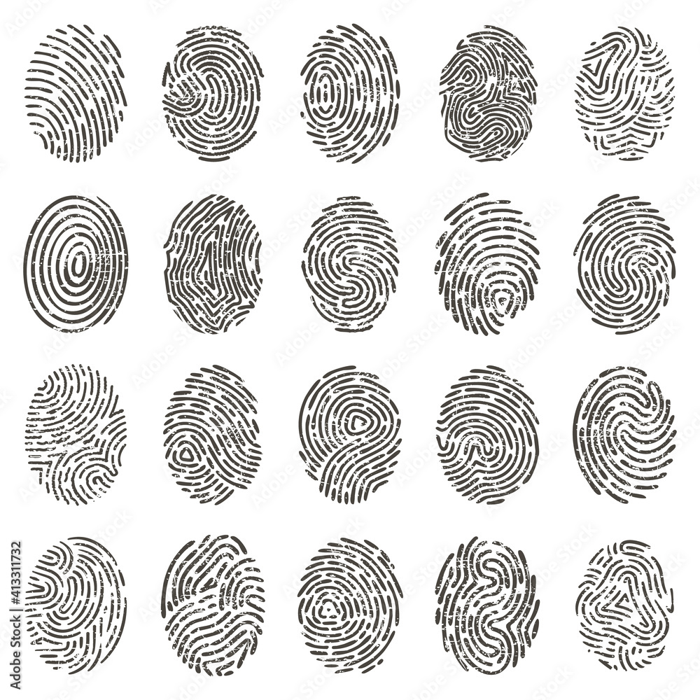 Biometric fingerprints. Human grunge individual finger prints ...