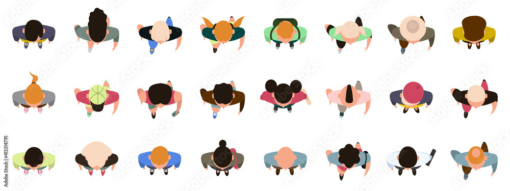 People top view. Male and female characters view from above, walking ...