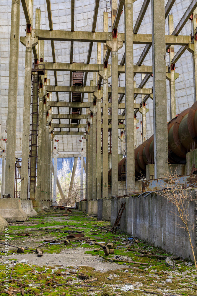 Ukraine, Pripyat, Chernobyl. Inside the unfinished cooling tower for ...