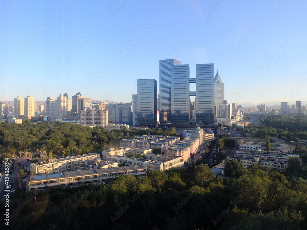High rise buildings in downtown Ürümqi, seen from Hongshan park ...