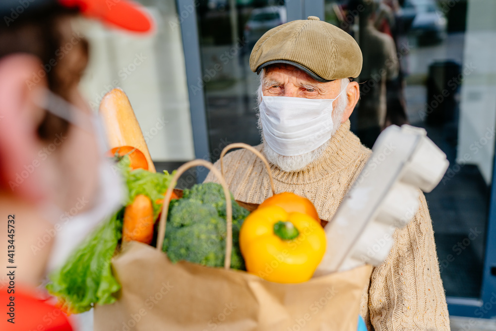 Fresh Groceries and Food Delivery for Elderly People. Old Senior Man ...