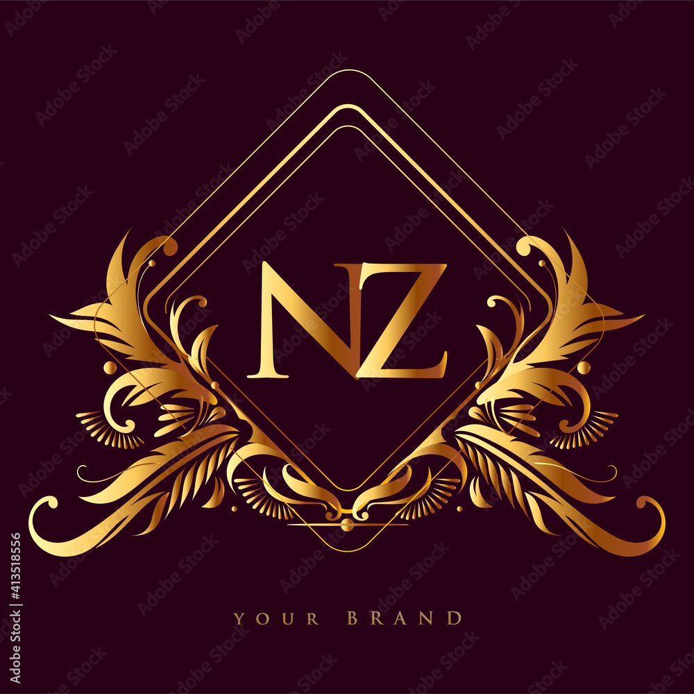 Initial logo letter NZ with golden color with ornaments and classic ...