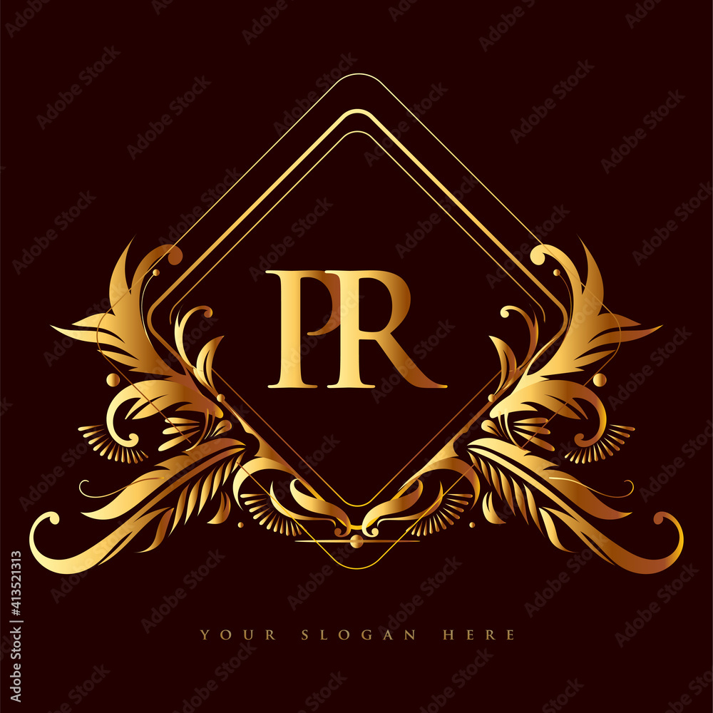 Initial logo letter PR with golden color with ornaments and classic ...