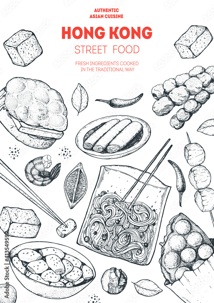 Hong kong street food frame. Chinese food menu design template ...