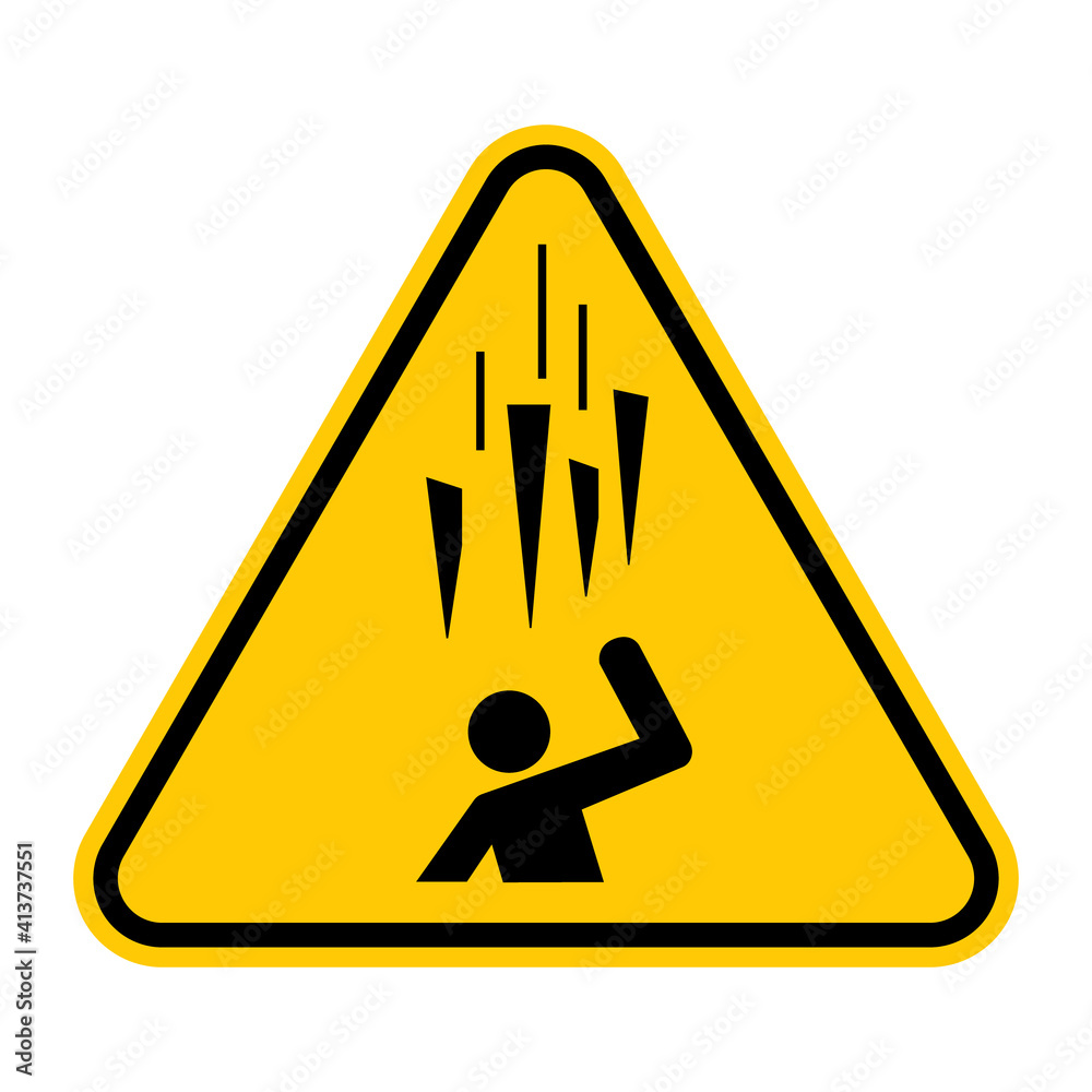 Caution falling ice spikes sign. Vector illustration of yellow triangle ...