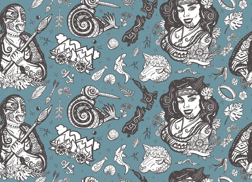 New Zealand seamless pattern. Aboriginal tribes, Maori man warrior ...