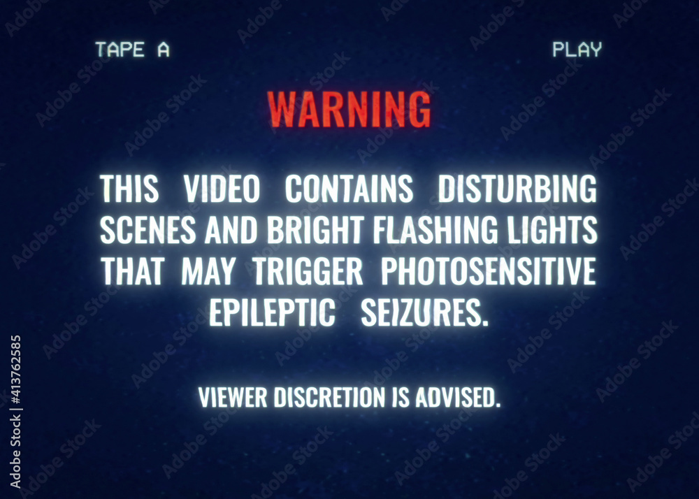 An old VHS tape (recreated with noise and distortion) with a warning ...