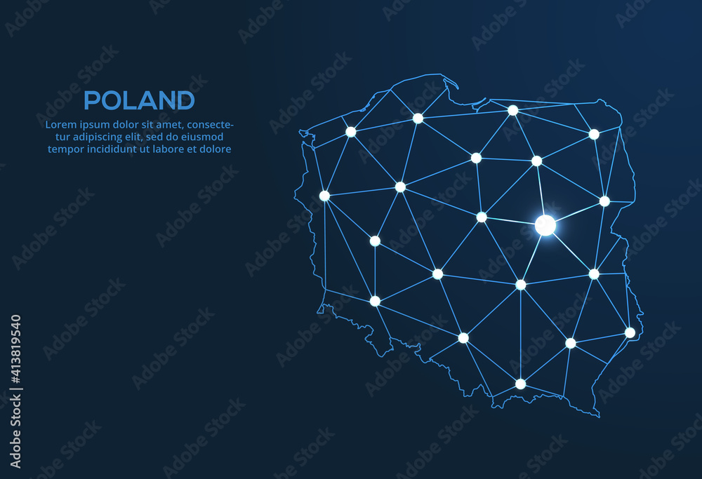Poland communication network map. Vector low poly image of a global map ...