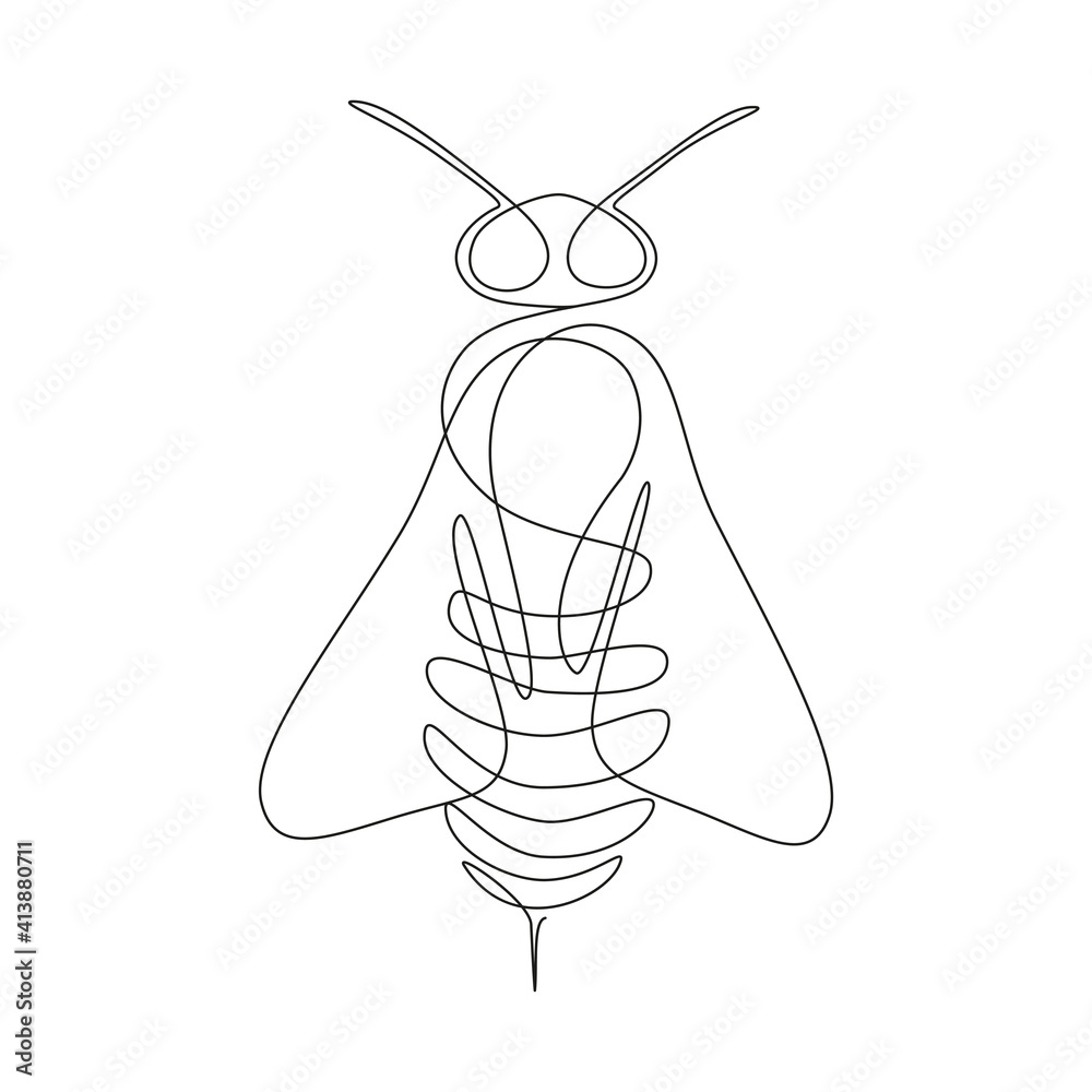 Continuous one line drawing bee. Single line bee vector logo. Black and ...