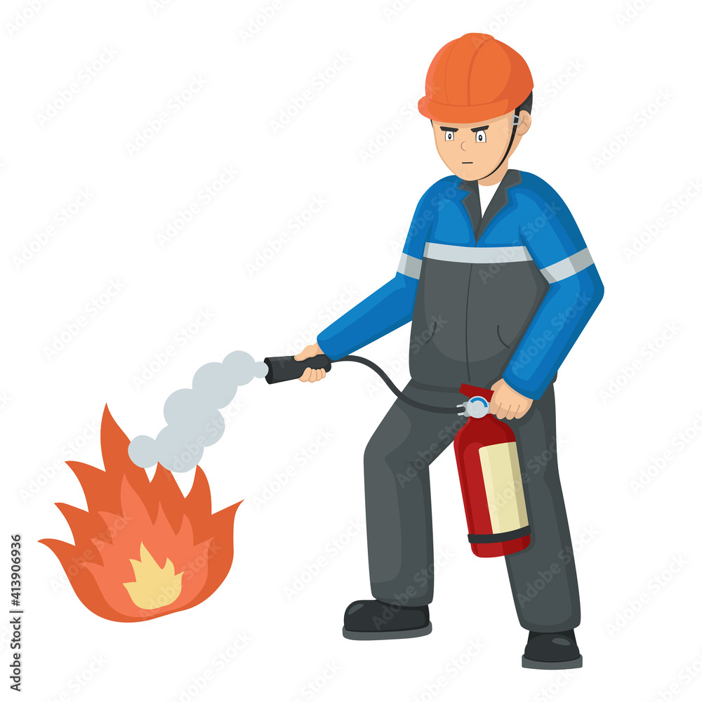 Work safety and accident. A worker extinguishes a fire with a fire ...