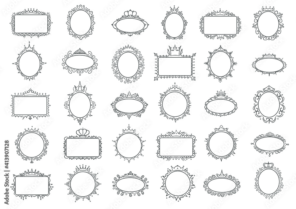 Cute princess frames. Elegant frame with crown, hand drawn round and ...