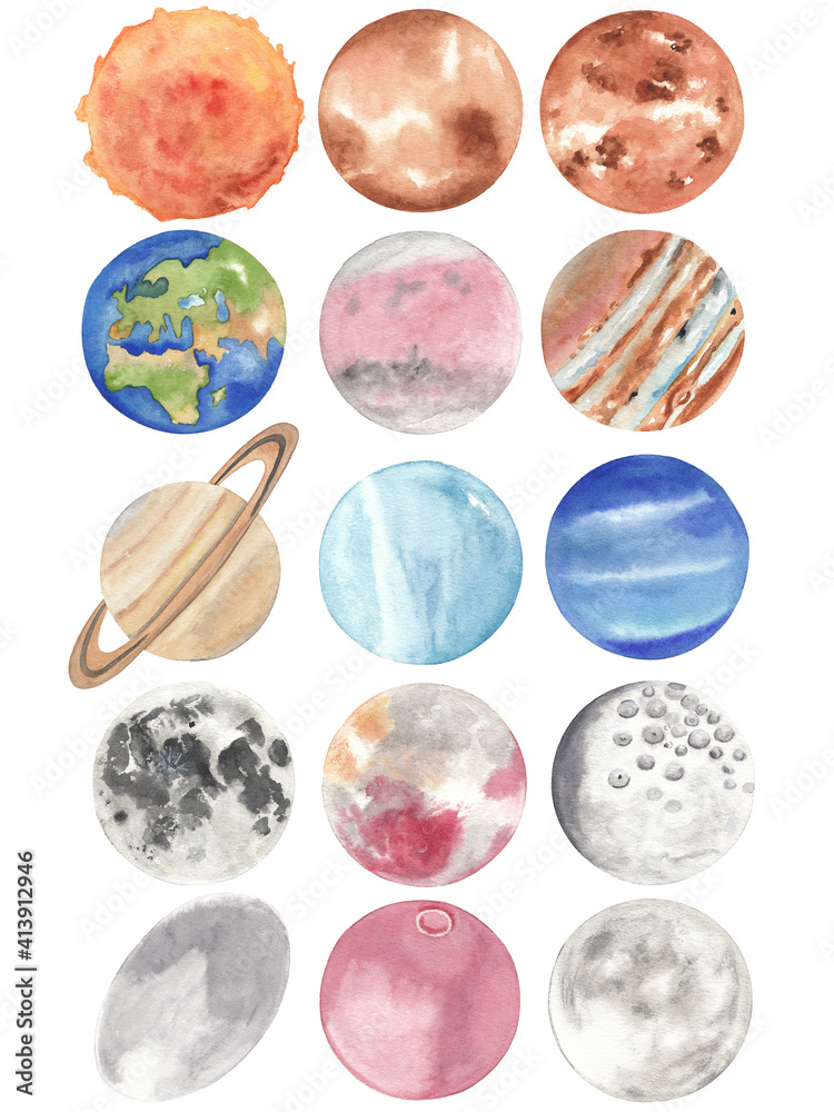 Colorful watercolor planets isolated on white, dwarf planets and sun ...