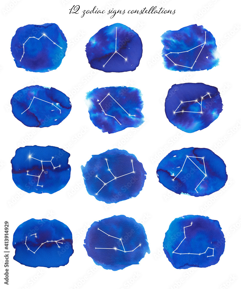 Watercolor constellations of zodiac signs. Celestial art. Space ...