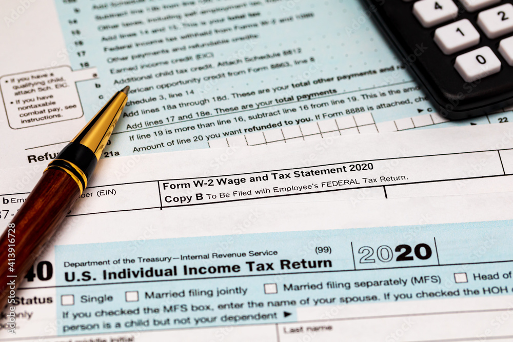 1040 individual income tax return forms, W-2 wage statement and ...
