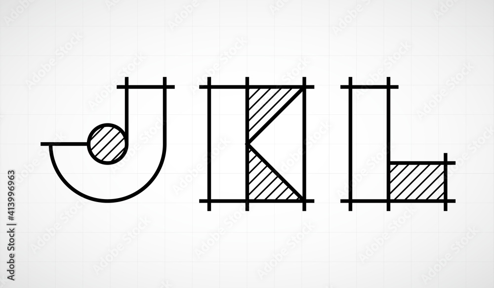 Architech font. Letters JKL. Graphic black and white alphabet. Linear ...