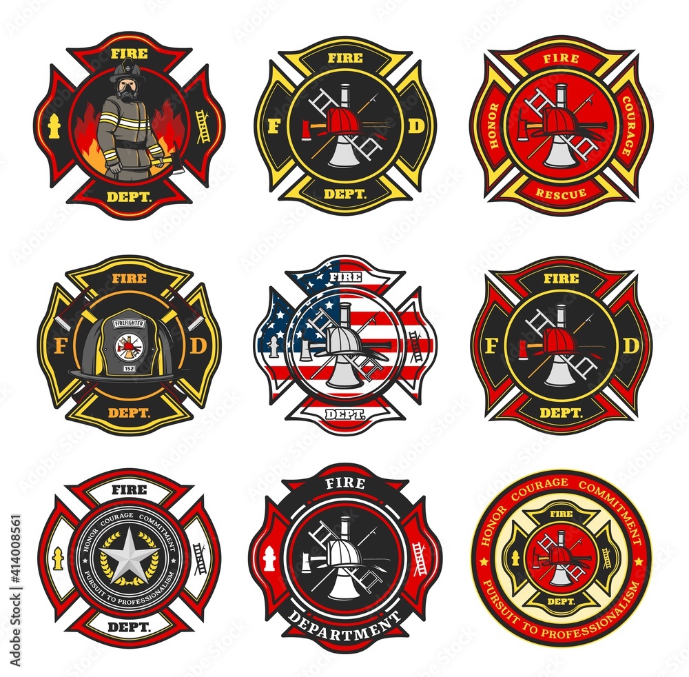 Fire department badges, firefighter team cross shaped emblems with ...