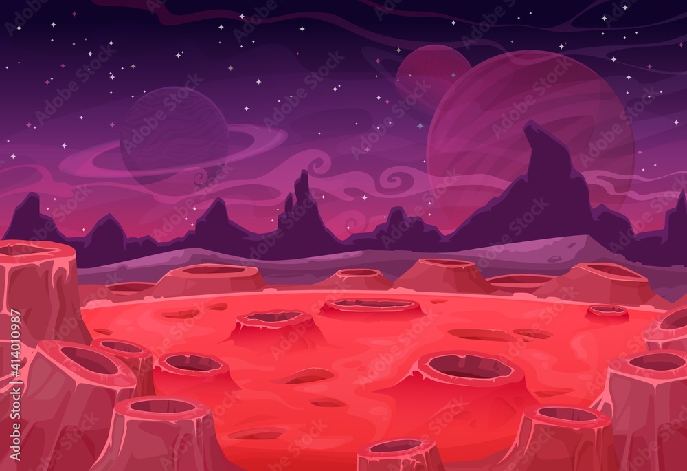 Alien planet vector landscape, red Mars land surface with craters and ...