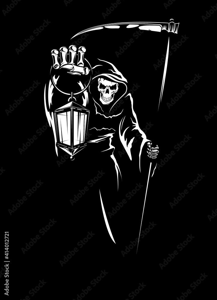 Grim reaper with scythe, death holding lantern. Ominously smiling human ...