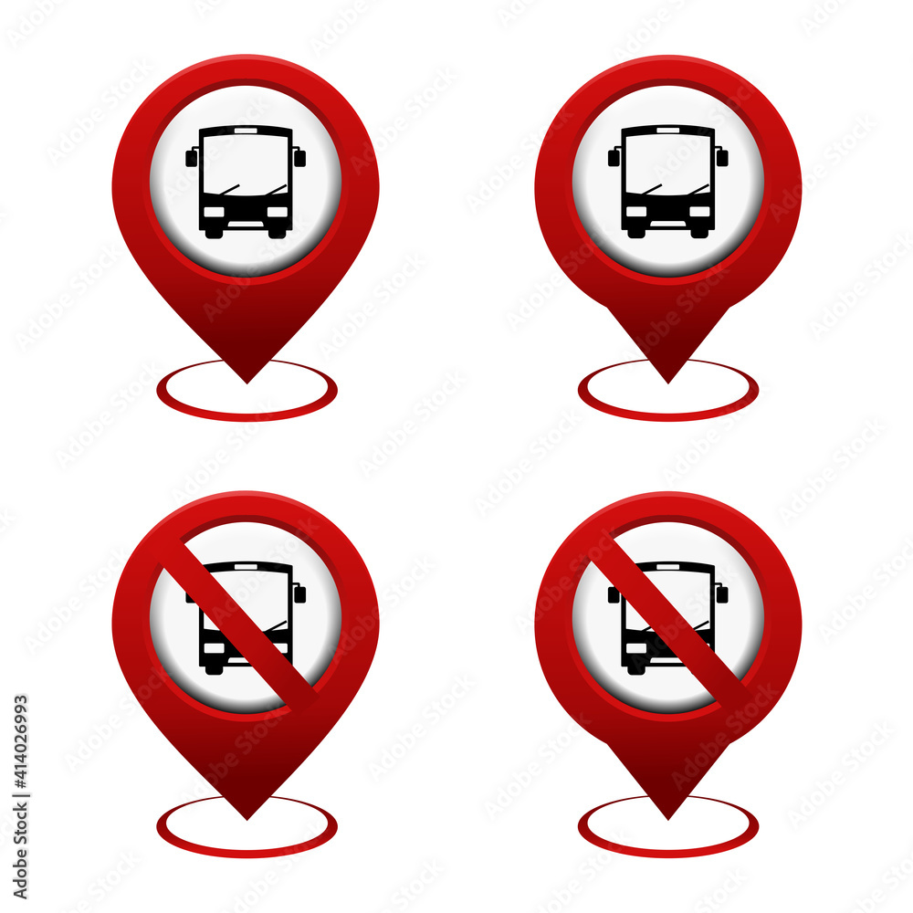 Set of map pointer with bus icon. Red map pin. Bus path and not bus path. Bus station pin ...