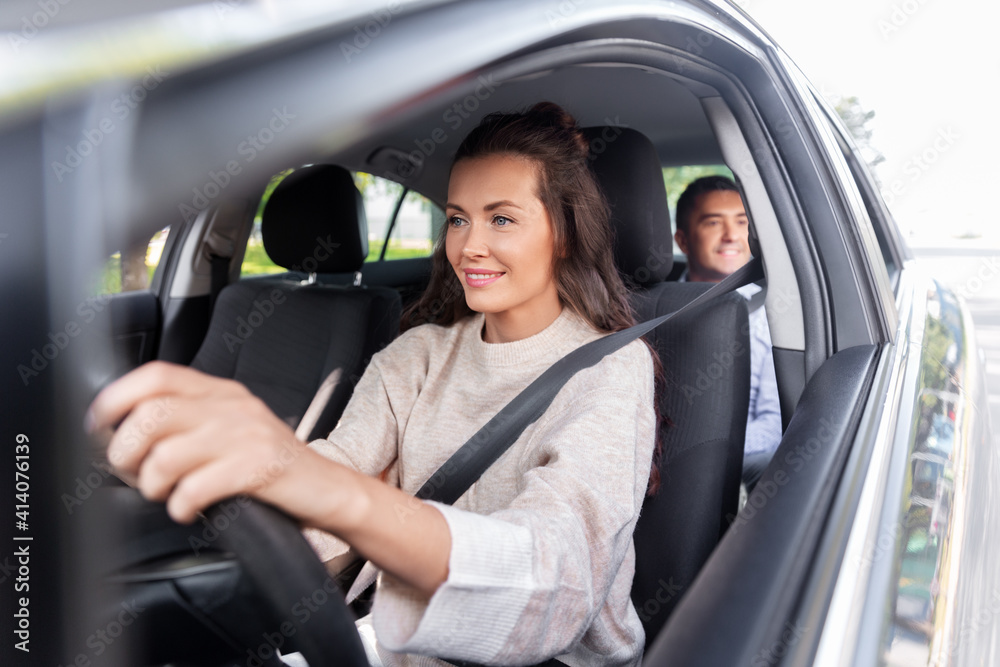 transportation, vehicle and people concept - happy smiling female ...