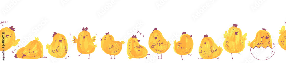 Seamless border with cute cartoon chicken baby. Funny chick. Hand drawn ...