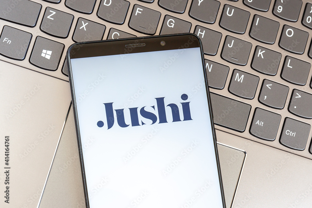 Toronto, Canada - February 14, 2021: Jushi logo on smartphone screen on ...