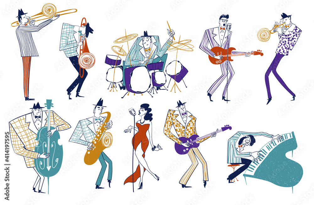 Colorful funny jazz musician characters. Stock Vector | Adobe Stock
