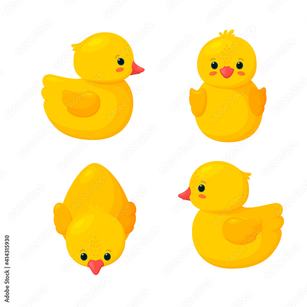 Rubber ducks for bathing. Set of four yellow plastic ducks isolated in ...