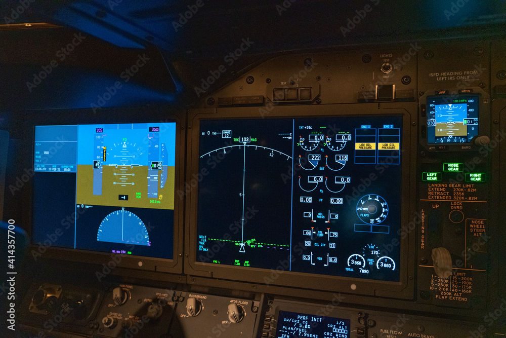 displays and cockpit layout of a modern passenger jet airplane Stock ...