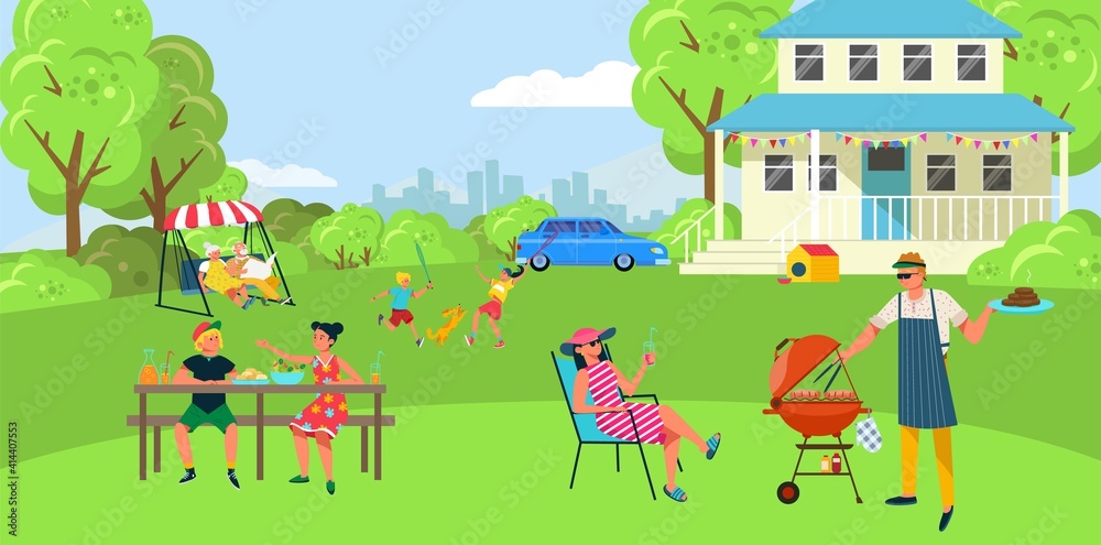 BBQ cooking, meat barbecue, outdoor, backyard people party, joyful ...