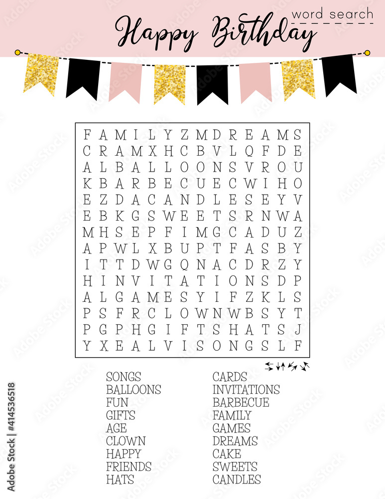 Happy Birthday word search puzzle. Printable party card. Crossword ...
