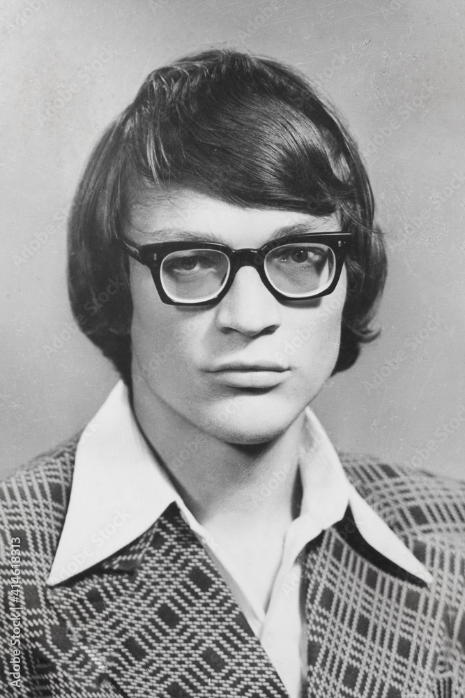 Portrait of young Soviet guy with glasses, in checkered jacket. Vintage ...