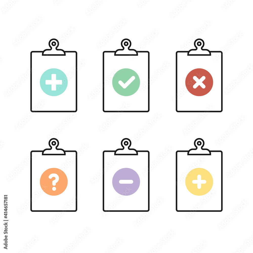 Stock-Vektorgrafik „Clipboard icon set. Check mark. Check list. Minus ...