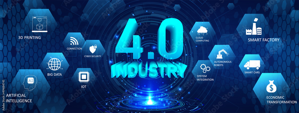 Web banner Industrial Revolution 4.0. Scifi hologram and 3D numbers with conceptual icons ...